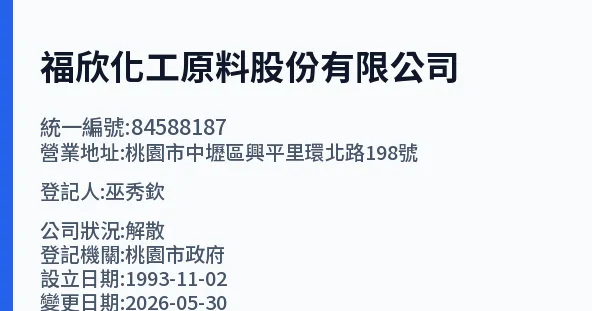 福欣化工原料股份有限公司的照片-統編 84588187(桃園市) 公司登記資料與營業項目詳細圖表