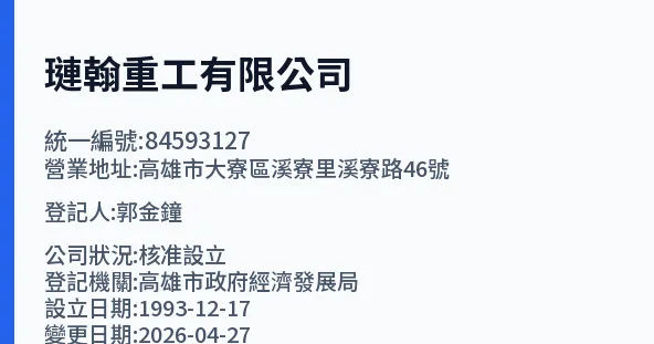 璉翰重工有限公司的照片-統編 84593127(高雄市) 公司登記資料與營業項目詳細圖表