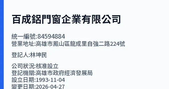 百成鋁門窗企業有限公司的照片-統編 84594884(高雄市) 公司登記資料與營業項目詳細圖表
