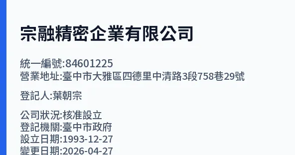 宗融精密企業有限公司的照片-統編 84601225(臺中市) 公司登記資料與營業項目詳細圖表