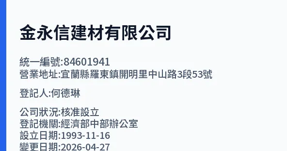 金永信建材有限公司的照片-統編 84601941(宜蘭縣) 公司登記資料與營業項目詳細圖表