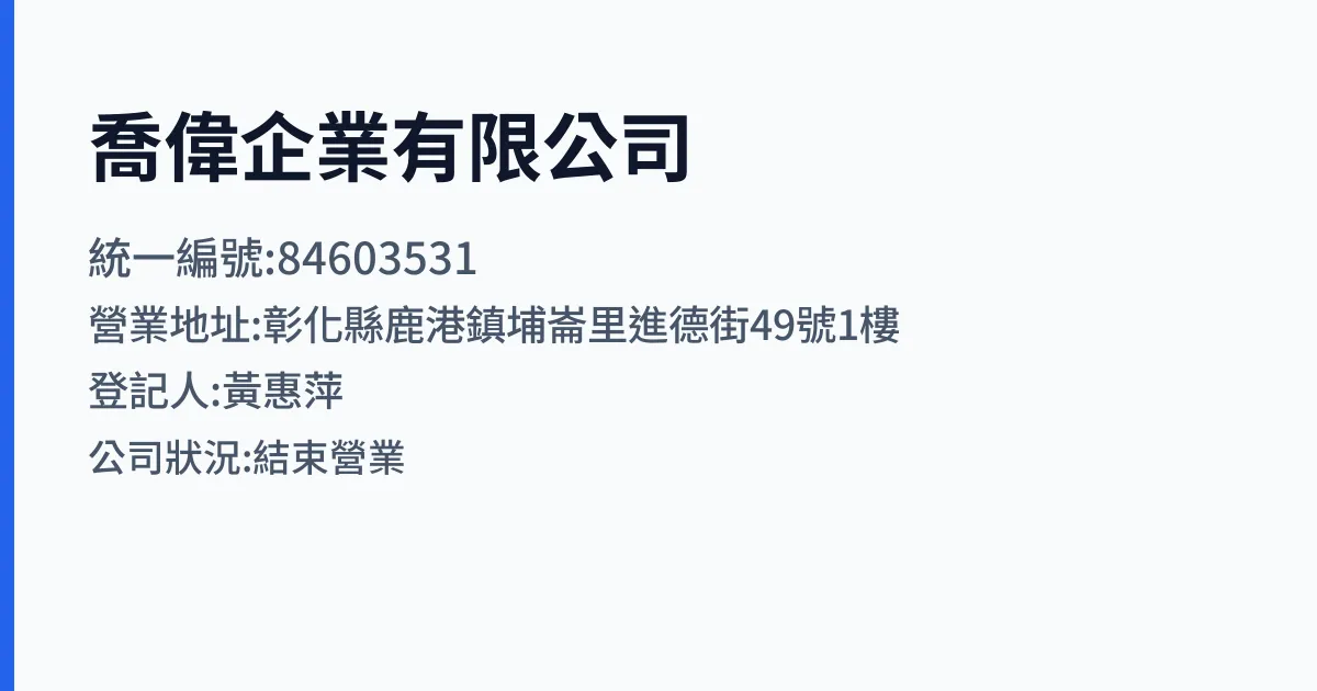 喬偉企業有限公司 - 統編 84603531(彰化縣) 公司登記資料與營業項目詳細圖表