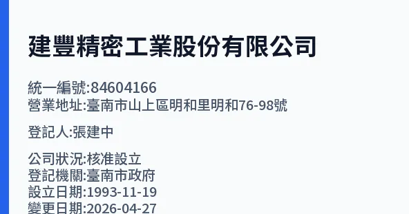建豐精密工業股份有限公司的照片-統編 84604166(臺南市) 公司登記資料與營業項目詳細圖表