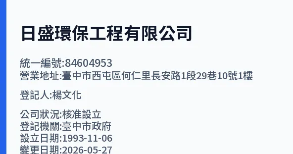 日盛環保工程有限公司的照片-統編 84604953(臺中市) 公司登記資料與營業項目詳細圖表