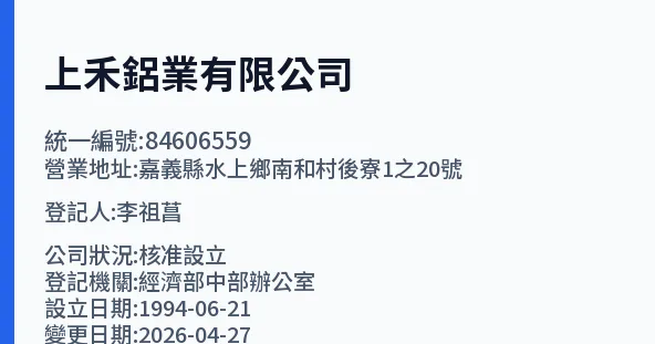 上禾鋁業有限公司的照片-統編 84606559(嘉義縣) 公司登記資料與營業項目詳細圖表