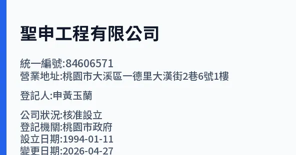 聖申工程有限公司的照片-統編 84606571(桃園市) 公司登記資料與營業項目詳細圖表