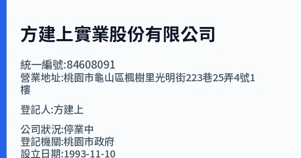 方建上實業股份有限公司的照片-統編 84608091(桃園市) 公司登記資料與營業項目詳細圖表