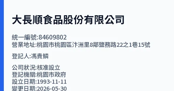 大長順食品股份有限公司的照片-統編 84609802(桃園市) 公司登記資料與營業項目詳細圖表