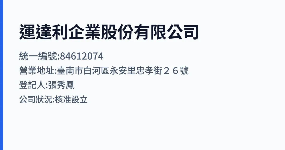 運達利企業股份有限公司 - 統編 84612074(臺南市) 公司登記資料與營業項目詳細圖表