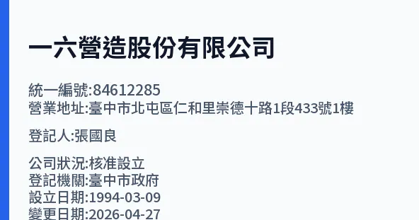 一六營造股份有限公司的照片-統編 84612285(臺中市) 公司登記資料與營業項目詳細圖表