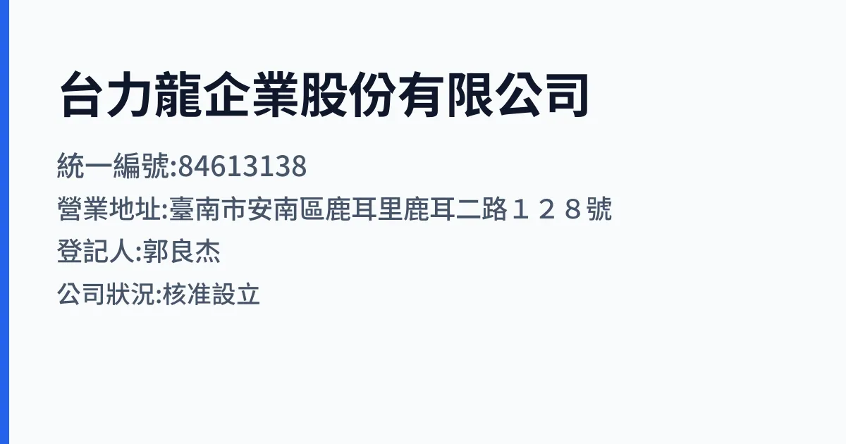 台力龍企業股份有限公司 - 統編 84613138(臺南市) 公司登記資料與營業項目詳細圖表