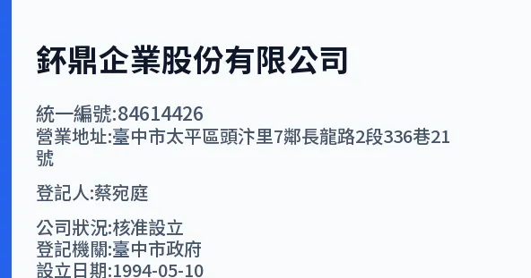 鈈鼎企業股份有限公司的照片-統編 84614426(臺中市) 公司登記資料與營業項目詳細圖表