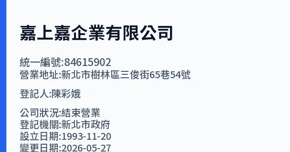 嘉上嘉企業有限公司的照片-統編 84615902(新北市) 公司登記資料與營業項目詳細圖表