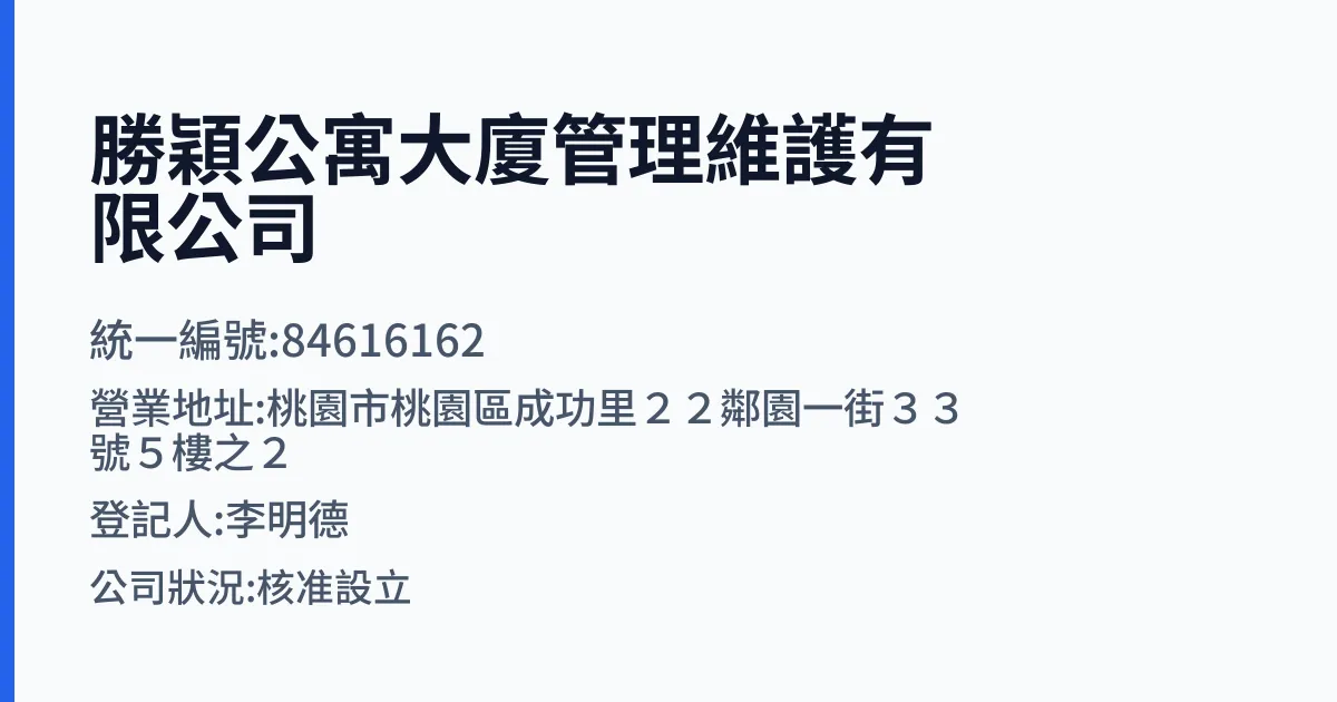勝穎公寓大廈管理維護有限公司 - 統編 84616162(桃園市) 公司登記資料與營業項目詳細圖表