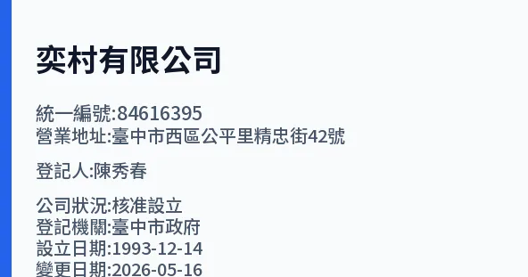 奕村有限公司的照片-統編 84616395(臺中市) 公司登記資料與營業項目詳細圖表