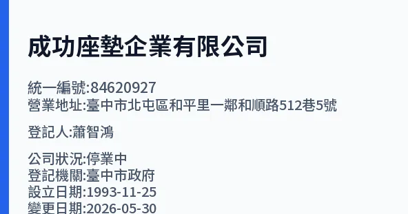 成功座墊企業有限公司的照片-統編 84620927(臺中市) 公司登記資料與營業項目詳細圖表