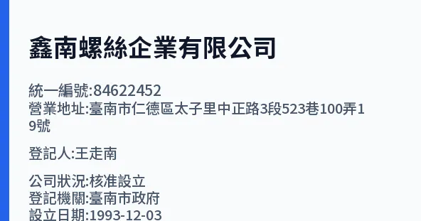 鑫南螺絲企業有限公司的照片-統編 84622452(臺南市) 公司登記資料與營業項目詳細圖表