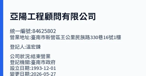 亞陽工程顧問有限公司的照片-統編 84625802(臺南市) 公司登記資料與營業項目詳細圖表
