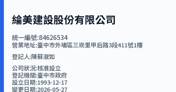 綸美建設股份有限公司的照片-統編 84626534(臺中市) 公司登記資料與營業項目詳細圖表