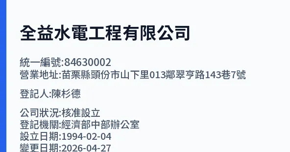 全益水電工程有限公司的照片-統編 84630002(苗栗縣) 公司登記資料與營業項目詳細圖表