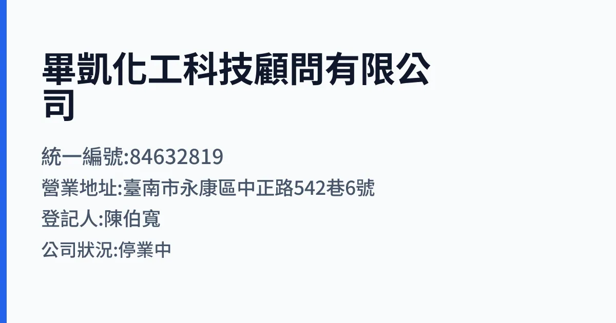 畢凱化工科技顧問有限公司 - 統編 84632819(臺南市) 公司登記資料與營業項目詳細圖表