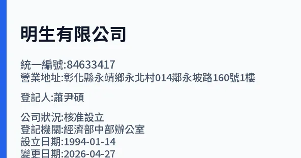 明生有限公司的照片-統編 84633417(彰化縣) 公司登記資料與營業項目詳細圖表