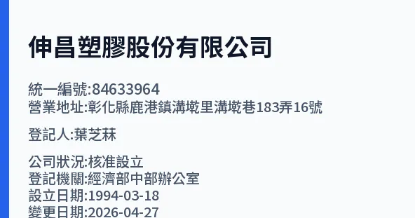伸昌塑膠股份有限公司的照片-統編 84633964(彰化縣) 公司登記資料與營業項目詳細圖表