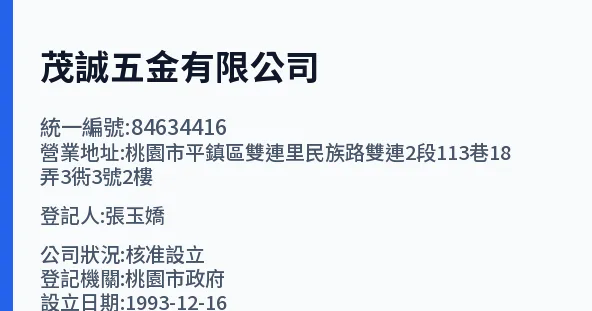 茂誠五金有限公司的照片-統編 84634416(桃園市) 公司登記資料與營業項目詳細圖表