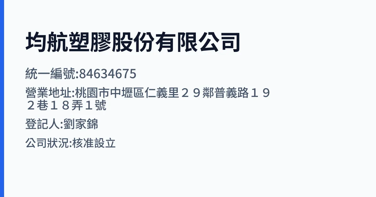 均航塑膠股份有限公司 - 統編 84634675(桃園市) 公司登記資料與營業項目詳細圖表