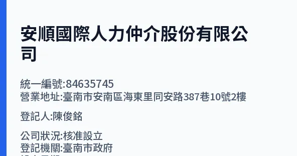 安順國際人力仲介股份有限公司的照片-統編 84635745(臺南市) 公司登記資料與營業項目詳細圖表