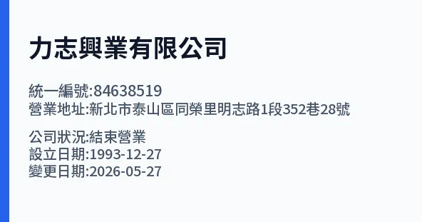 力志興業有限公司的照片-統編 84638519(新北市) 公司登記資料與營業項目詳細圖表