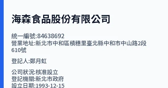 海森食品股份有限公司的照片-統編 84638692(新北市) 公司登記資料與營業項目詳細圖表