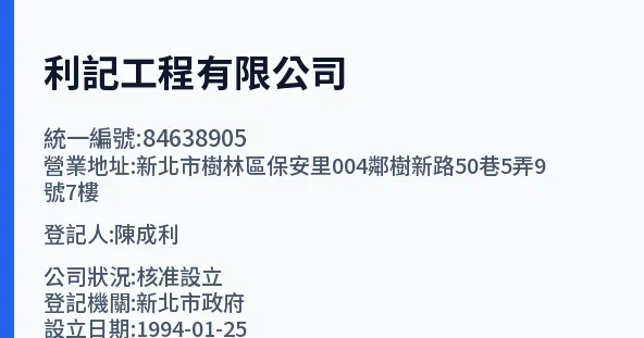 利記工程有限公司的照片-統編 84638905(新北市) 公司登記資料與營業項目詳細圖表