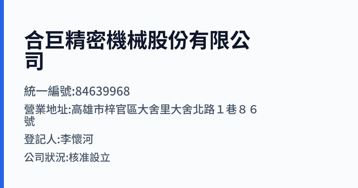 合巨精密機械股份有限公司 - 統編 84639968(高雄市) 公司登記資料與營業項目詳細圖表