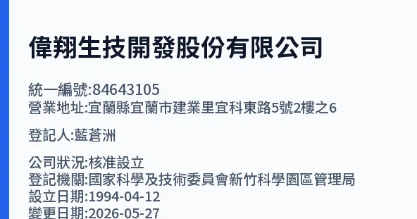 偉翔生技開發股份有限公司的照片-統編 84643105(宜蘭縣) 公司登記資料與營業項目詳細圖表