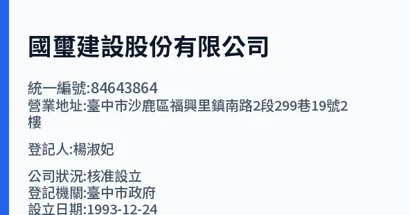 國璽建設股份有限公司的照片-統編 84643864(臺中市) 公司登記資料與營業項目詳細圖表