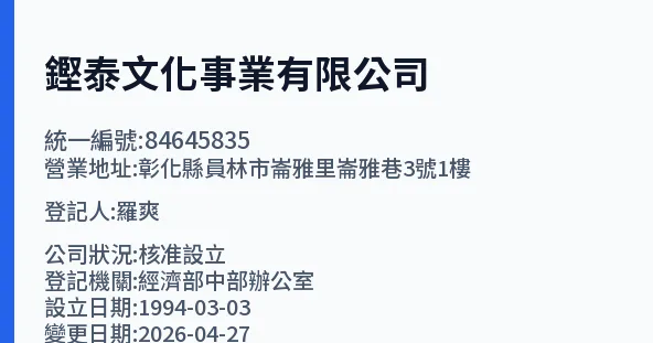 鏗泰文化事業有限公司的照片-統編 84645835(彰化縣) 公司登記資料與營業項目詳細圖表