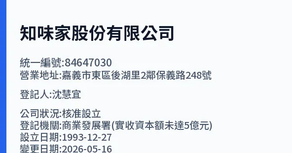 知味家股份有限公司的照片-統編 84647030(嘉義市) 公司登記資料與營業項目詳細圖表