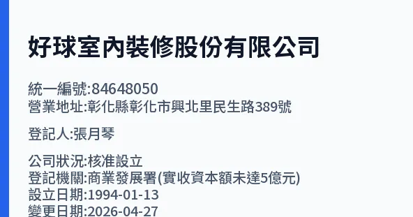 好球室內裝修股份有限公司的照片-統編 84648050(彰化縣) 公司登記資料與營業項目詳細圖表