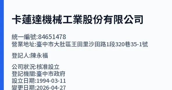 卡蓮達機械工業股份有限公司的照片-統編 84651478(臺中市) 公司登記資料與營業項目詳細圖表