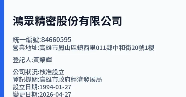 鴻眾精密股份有限公司的照片-統編 84660595(高雄市) 公司登記資料與營業項目詳細圖表