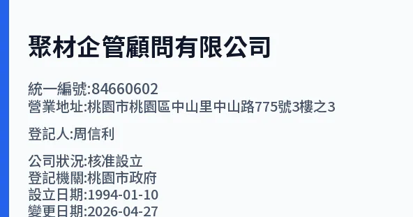 聚材企管顧問有限公司的照片-統編 84660602(桃園市) 公司登記資料與營業項目詳細圖表