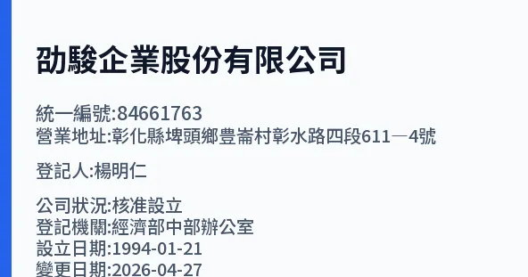 劭駿企業股份有限公司的照片-統編 84661763(彰化縣) 公司登記資料與營業項目詳細圖表