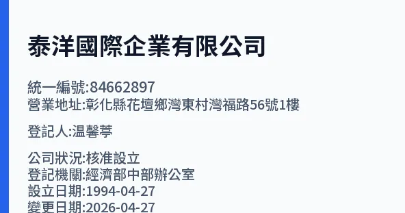 泰洋國際企業有限公司的照片-統編 84662897(彰化縣) 公司登記資料與營業項目詳細圖表