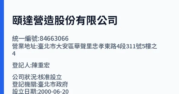 頤達營造股份有限公司的照片-統編 84663066(臺北市) 公司登記資料與營業項目詳細圖表