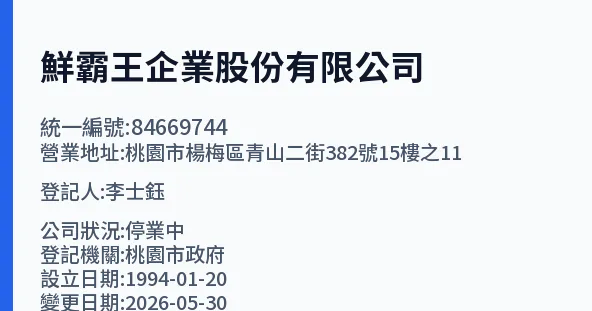 鮮霸王企業股份有限公司的照片-統編 84669744(桃園市) 公司登記資料與營業項目詳細圖表