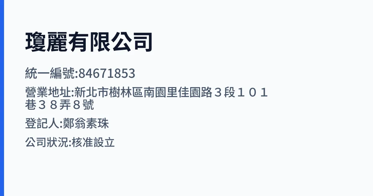 瓊麗有限公司 - 統編 84671853(新北市) 公司登記資料與營業項目詳細圖表