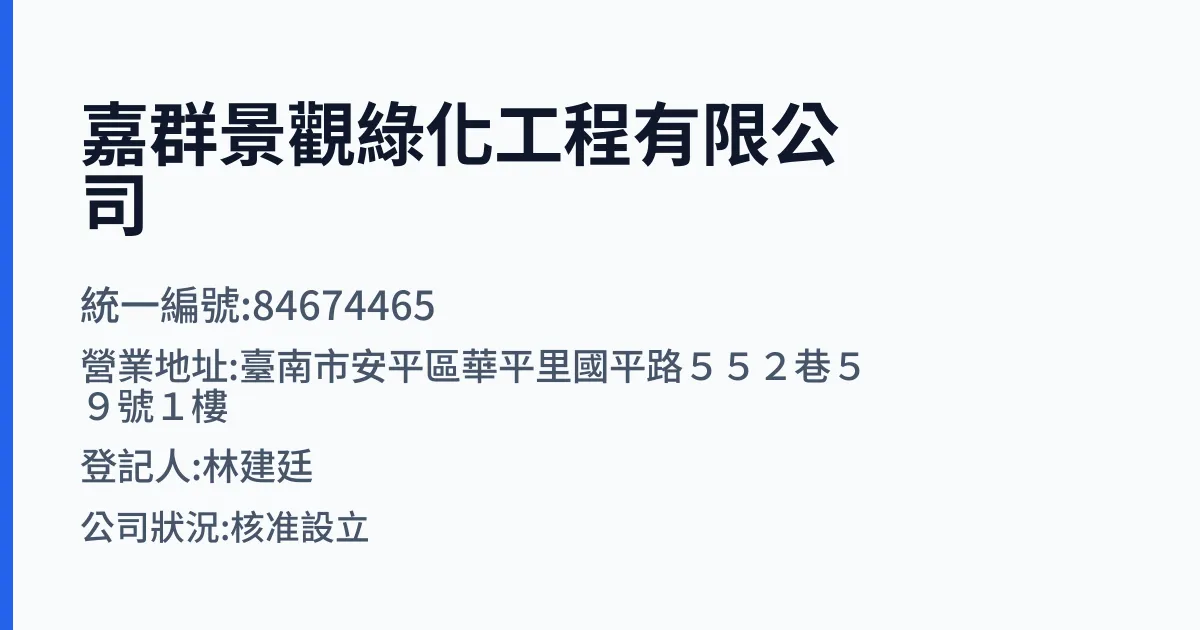 嘉群景觀綠化工程有限公司 - 統編 84674465（臺南市） 公司登記資料與營業項目詳細圖表