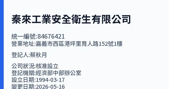 秦來工業安全衛生有限公司的照片-統編 84676421(嘉義市) 公司登記資料與營業項目詳細圖表