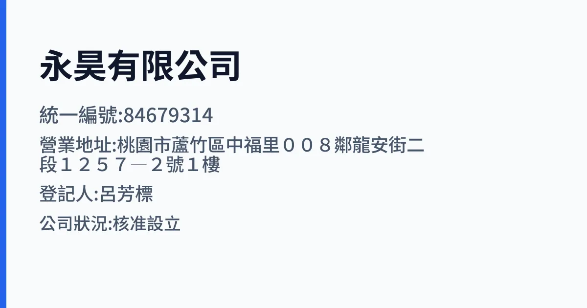 永昊有限公司 - 統編 84679314(桃園市) 公司登記資料與營業項目詳細圖表
